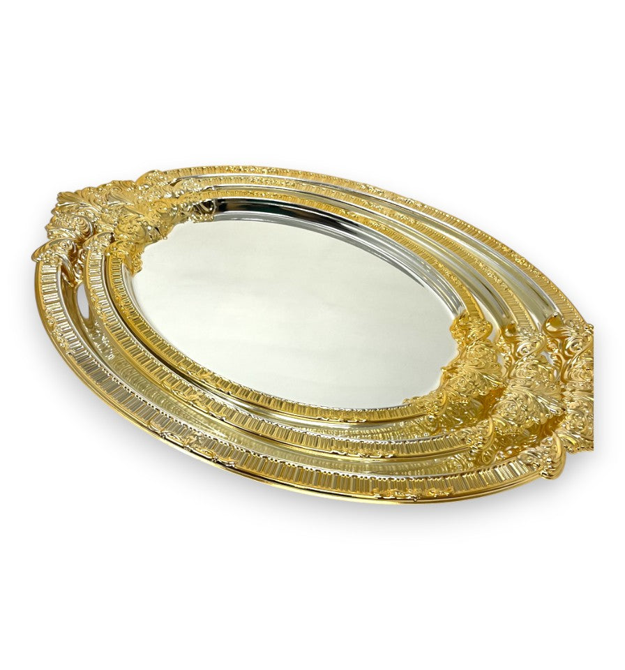 Fancy Gold/Chrome 3 Piece Tray Set - Aahu Barah